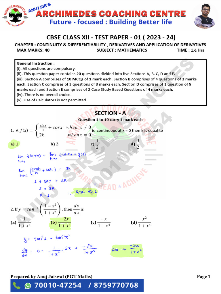 CBSE Test 1- Answer key | PDF | Mathematical Relations | Mathematical ...