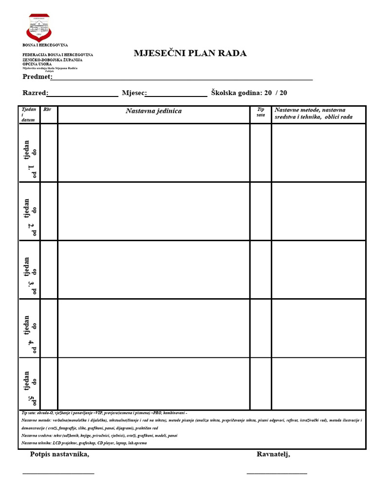 Mjesečni Plan Rada MSŠ | PDF