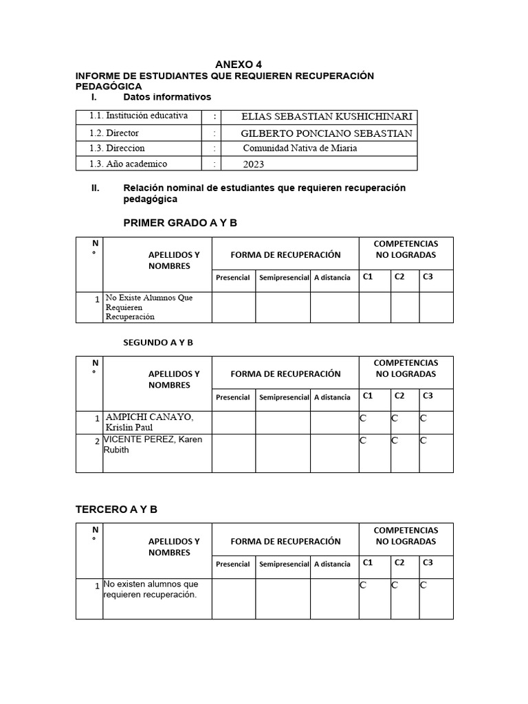 Informe Docente Estudiante Que Requieren Recuperacion Anexo 3 | PDF | Organismos | Biodiversidad