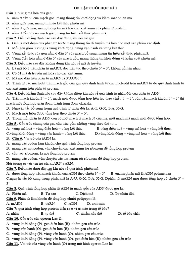 Ôn Tập Cuối Hki Sinh 12, 2023-2024 | PDF