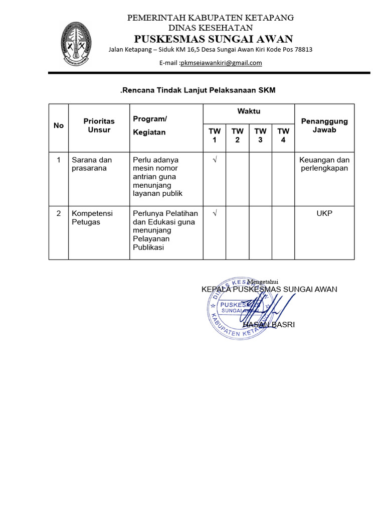 Rencana Tindak Lanjut Pelaksanaan SKM Di Puskesmas Sungai Awan | PDF