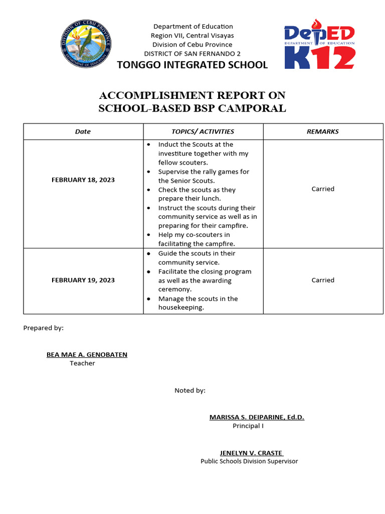 BSP-ACCOMPLISHMENT-REPORT | PDF | Scouting | Outdoor Recreation ...