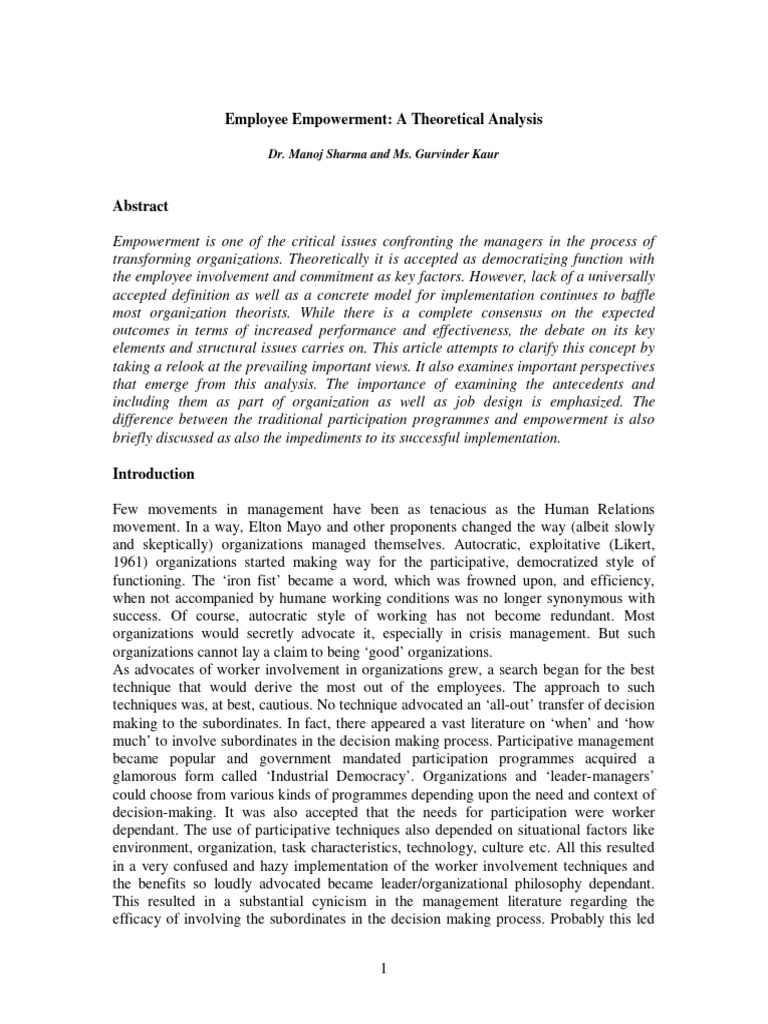 Employee Empowerment A Theoretical Analy | PDF | Empowerment | Motivational