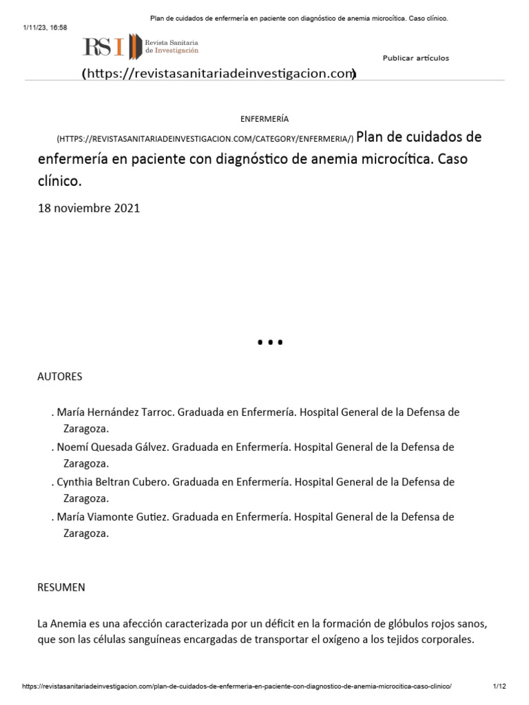 Plan de Cuidados de Enfermería en Paciente Con Diagnóstico de Anemia ...