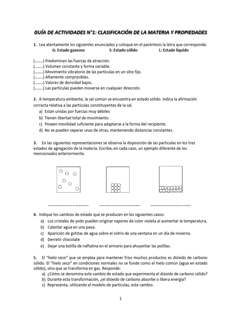 Guía de Actividades: Clasificación y Propiedades de la Materia | PDF ...