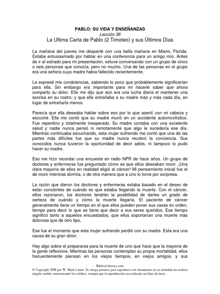La Ultima Carta de Pablo 2 Timoteo y Sus Ultimos Dias - Handouts | PDF | Pablo el apóstol | Fe