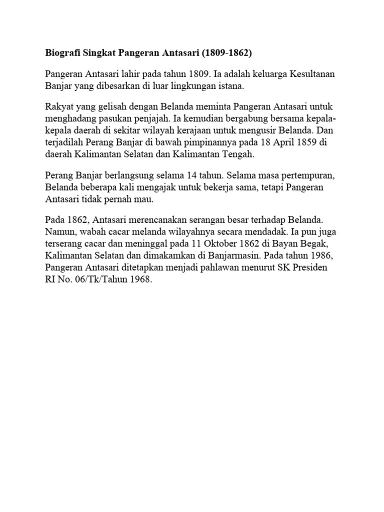 Biografi Singkat Pangeran Antasari | PDF | Sejarah