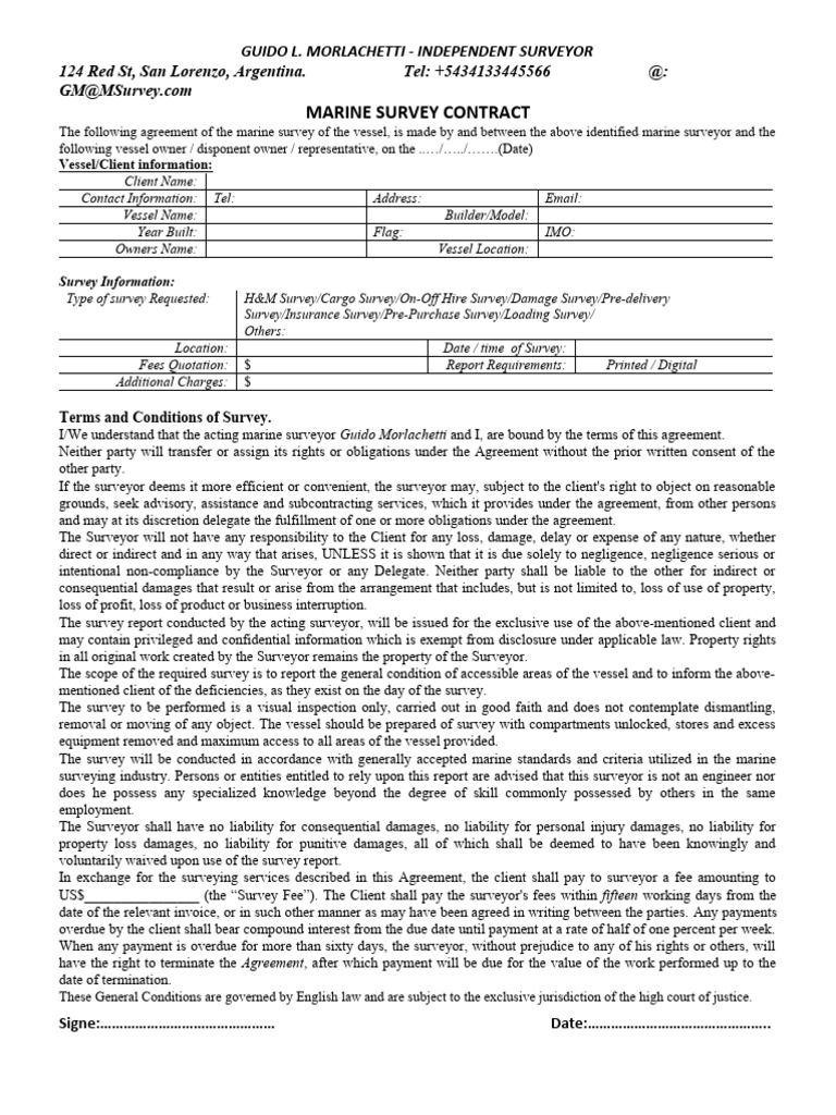 Marine Survey Contract | PDF | Damages | Legal Liability