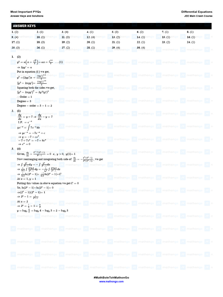 Solution Most Important PYQs Differential Equations JEE Main Crash Course MathonGo | PDF ...