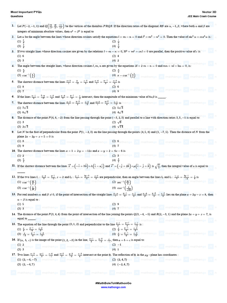 Question Most Important PYQs Vector 3D JEE Main Crash Course MathonGo ... Question Most Important PYQs Vector 3D JEE Main Crash Course MathonGo ...