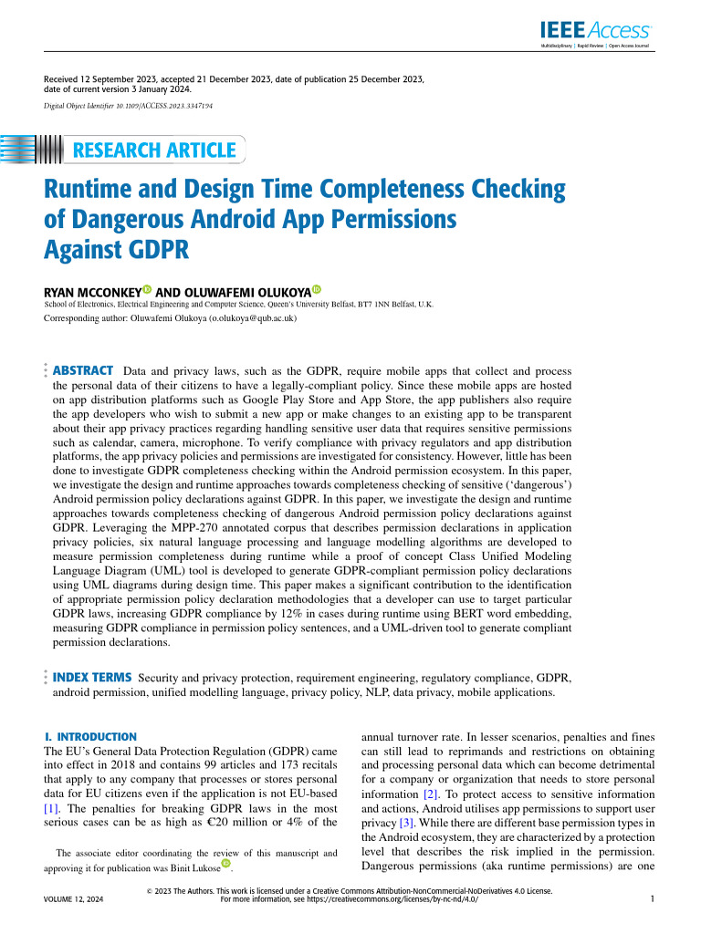 Runtime and Design Time Completeness Checking of Dangerous Android App Permissions Against GDPR ...