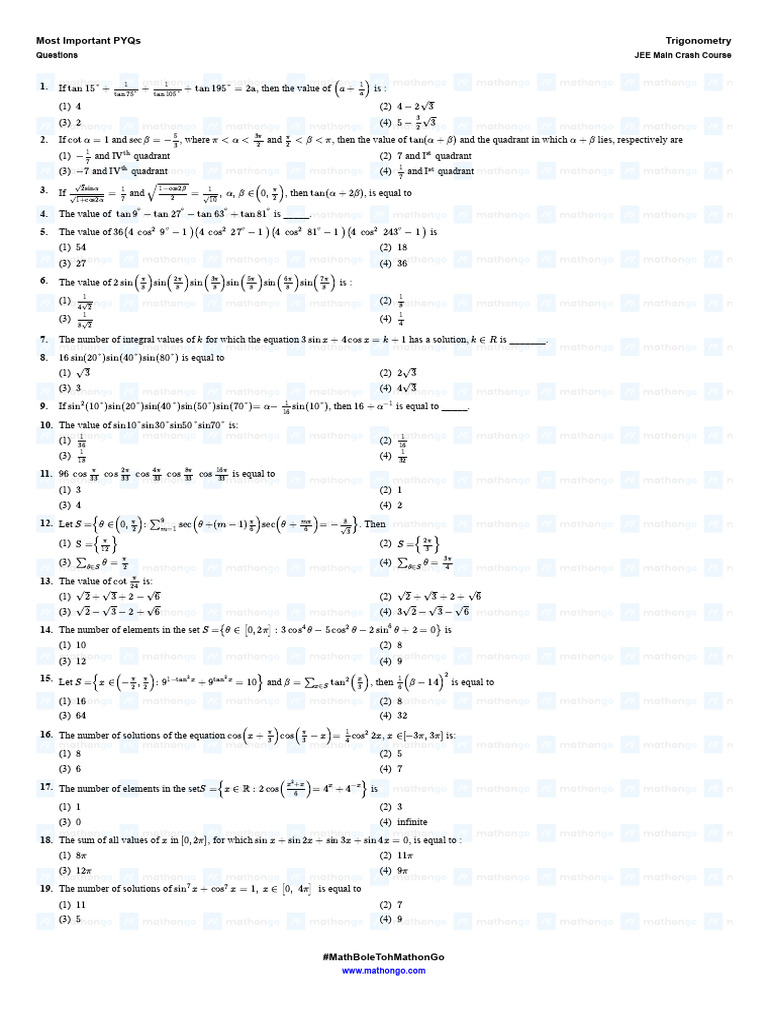 Question Most Important PYQs Trigonometry JEE Main Crash Course MathonGo | PDF