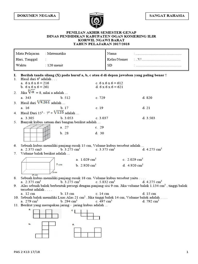 Soal PAS K13 MTK Kls 5 | PDF