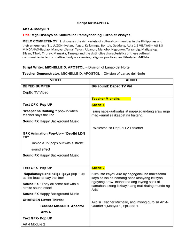 Arts 4 Quarter 1 Module 1 Aralin1 Script | PDF