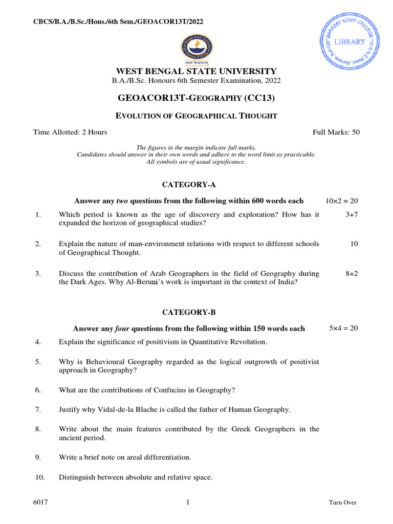 Geography (Hons) Questions (WBSU) - Sem6 - GEOA - 2020-22 - Library ...