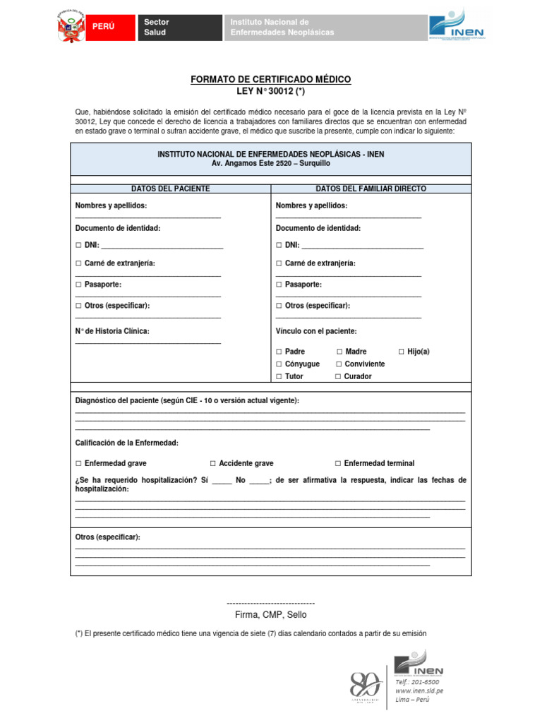 Formato de Certificado Médico Ley #30012 1 | PDF