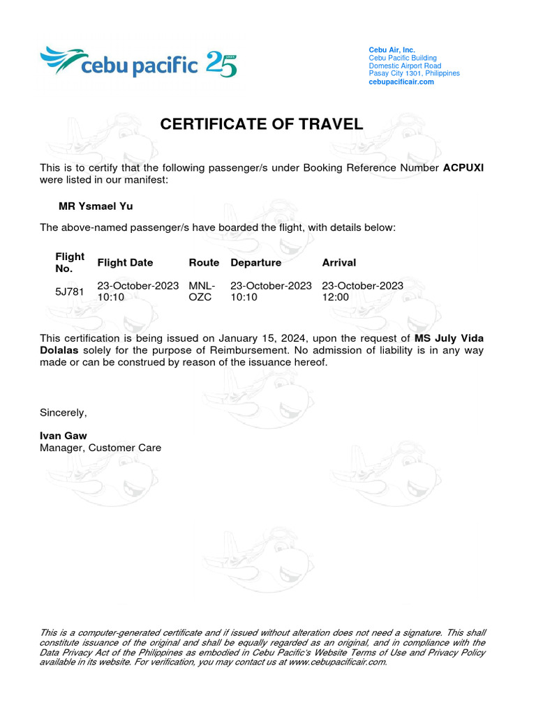 Cebu Pacific Travel Certificate Sample | PDF
