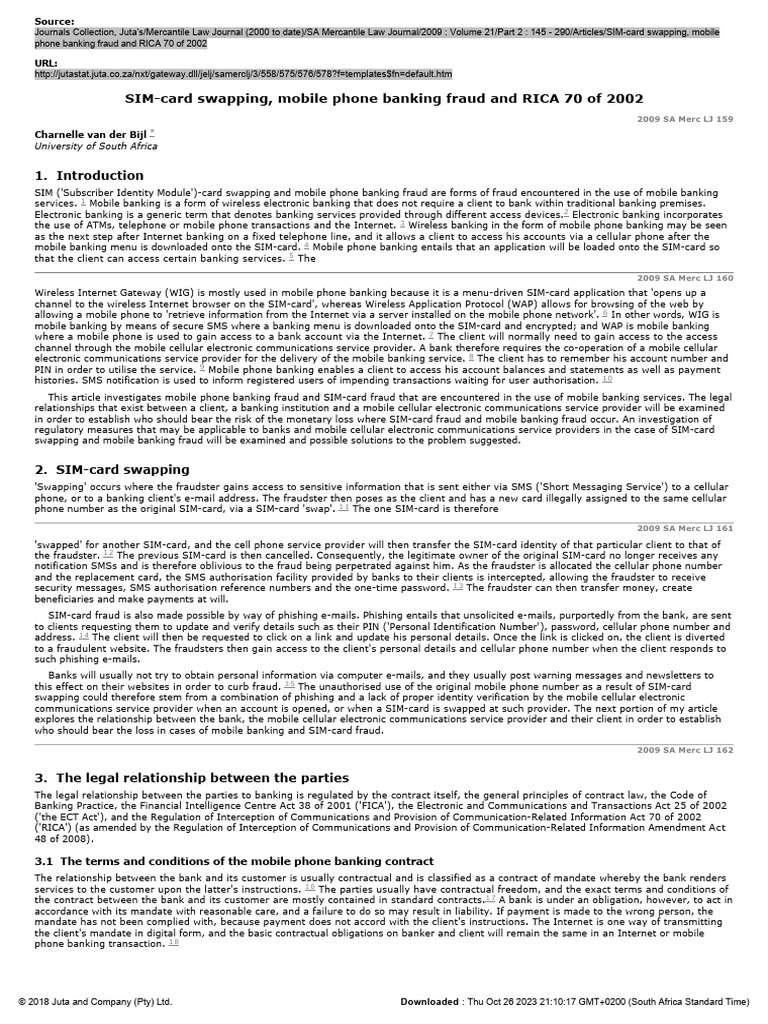 SIM-card Swapping, Mobile Phone Banking Fraud and RICA 70 of 2002 | PDF ...