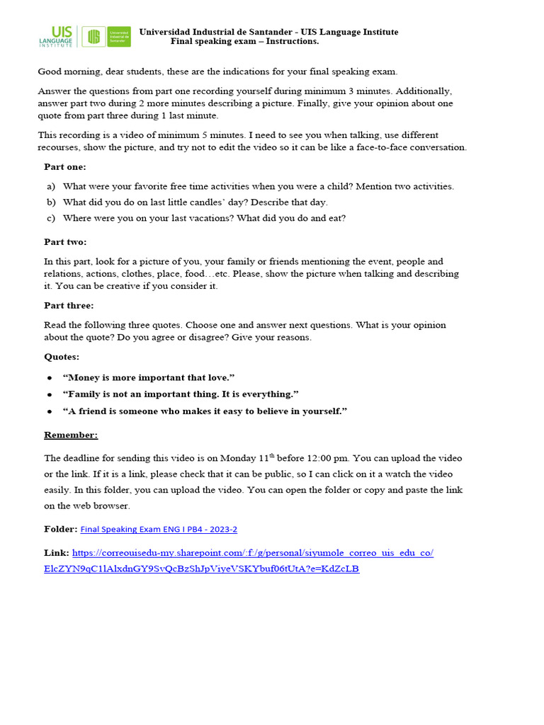 Final Speaking Exam ENG I PB4 - 2023-2 | PDF