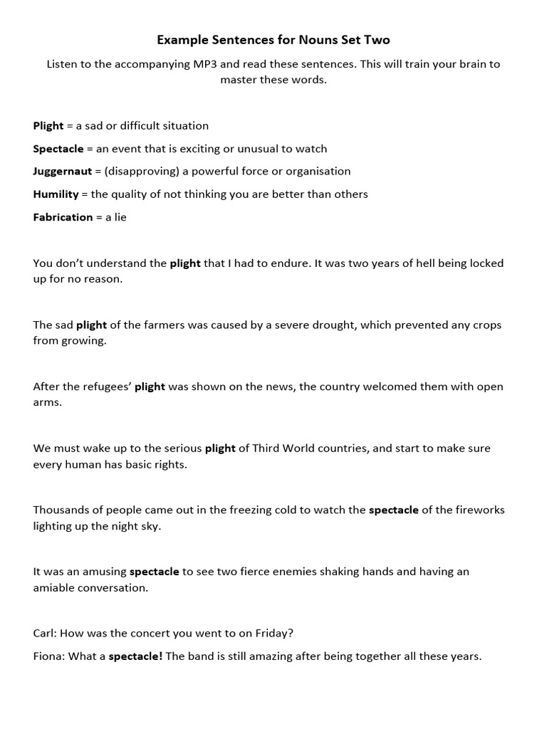 1.2 Nouns Set 2 Example Sentences | PDF | Politics