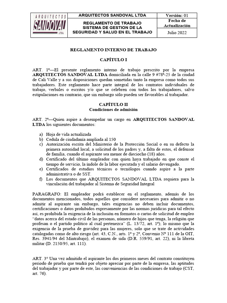 Reglamento Interno de Trabajo SST 2022 | PDF | Salario | Derecho laboral