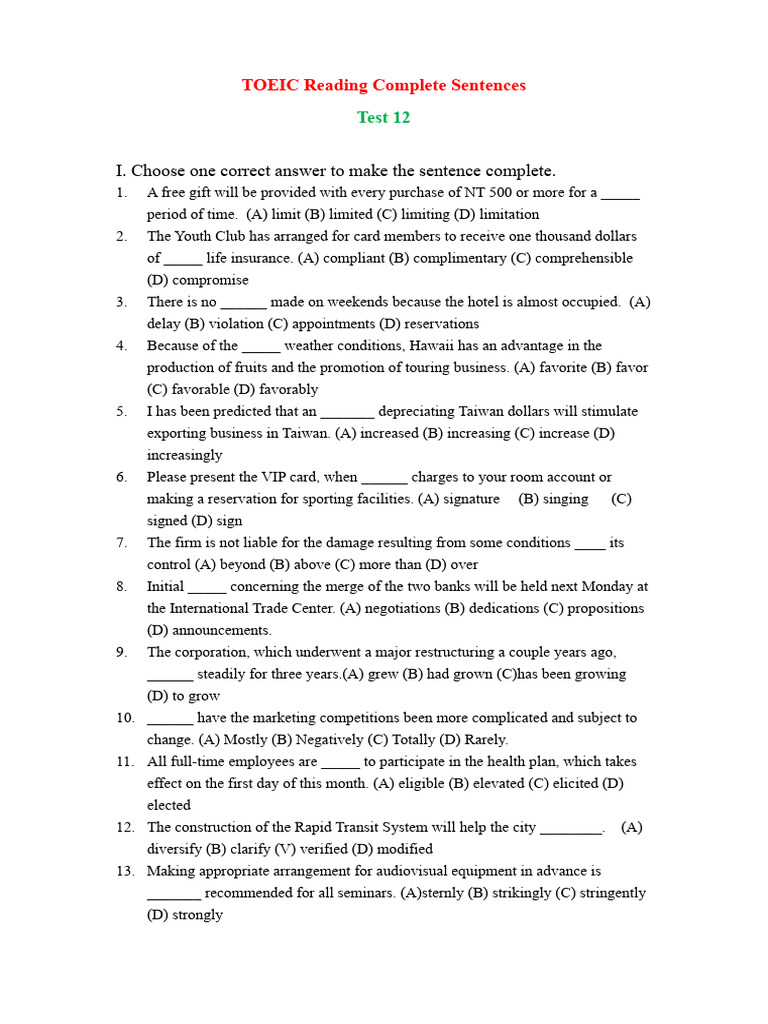 TOEIC Reading Complete Sentences Test12 | PDF | Business | Economies