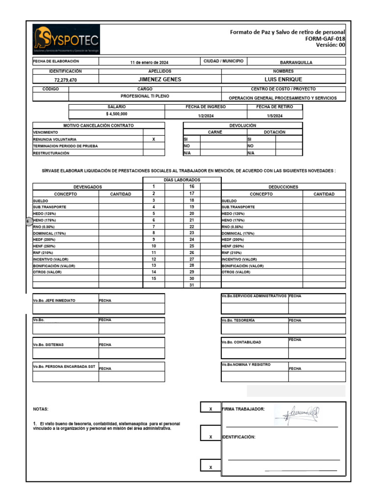 FORM-GAF-018-Formato Paz y Salvo Retiro de Personal v.0.0 (1) Luis JImenez | PDF