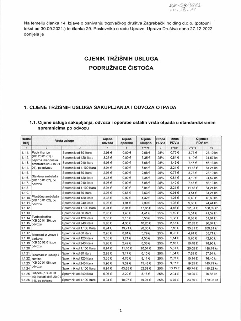 Čistoća Cjenik Tržišnih Usluga Potpisani | PDF