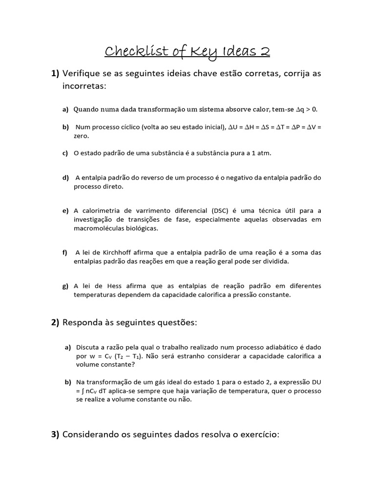 Aula Nº 2 Check List e Perguntas | PDF | Entalpia | Temperatura