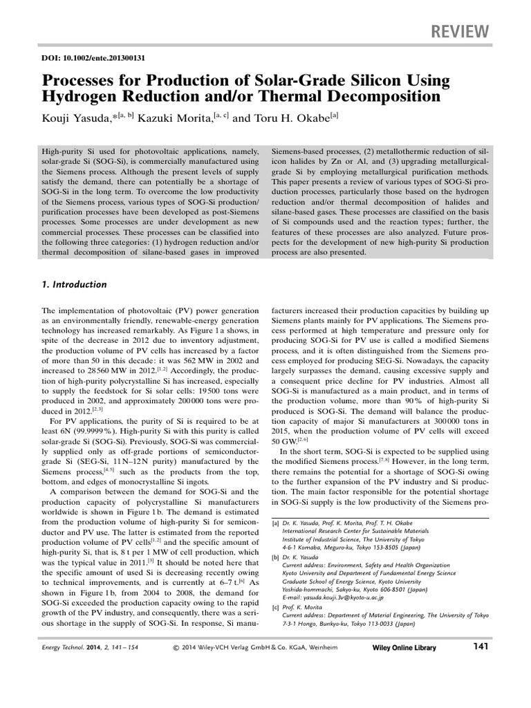Processes For Production of Solar-Grade Silicon Using | PDF | Silicon ...