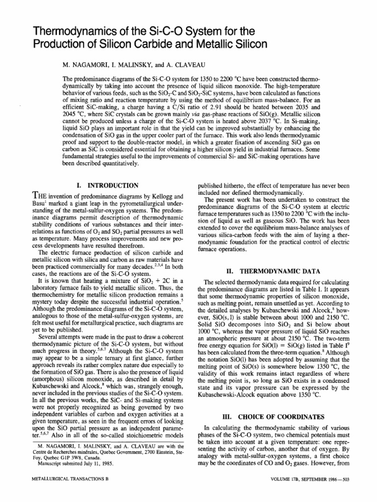 Thermodynamics of The Si-C-O System For The Production of Silicon ...