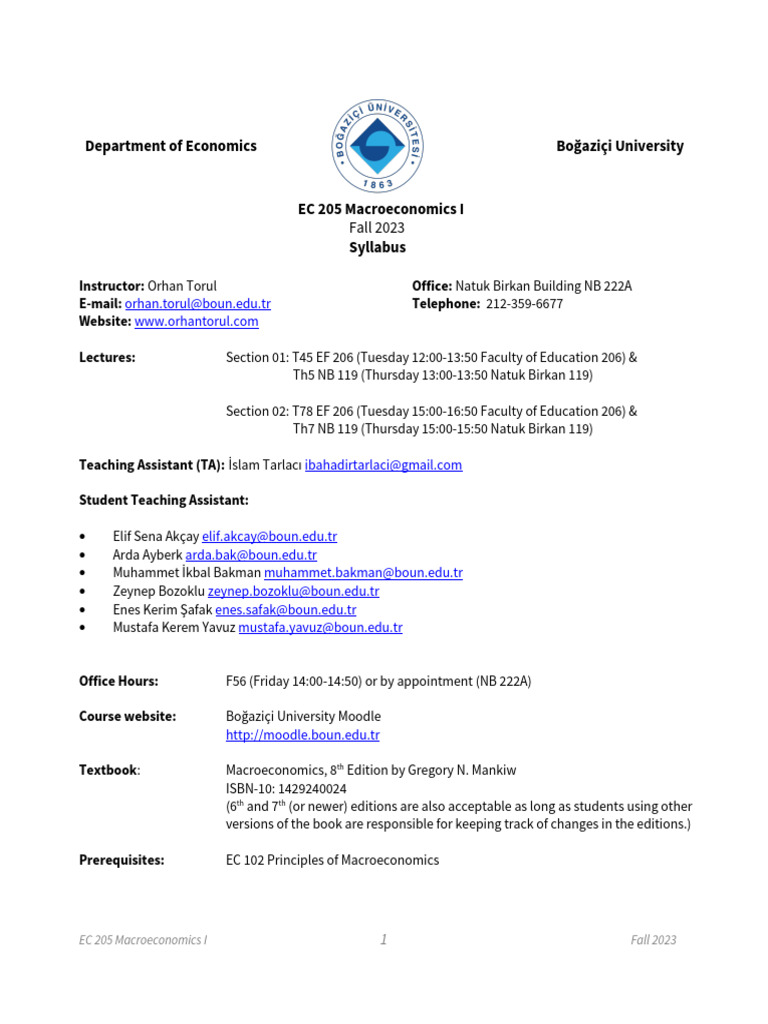 EC205 Fall2023 Syllabus | PDF | Macroeconomics | Consumption (Economics)