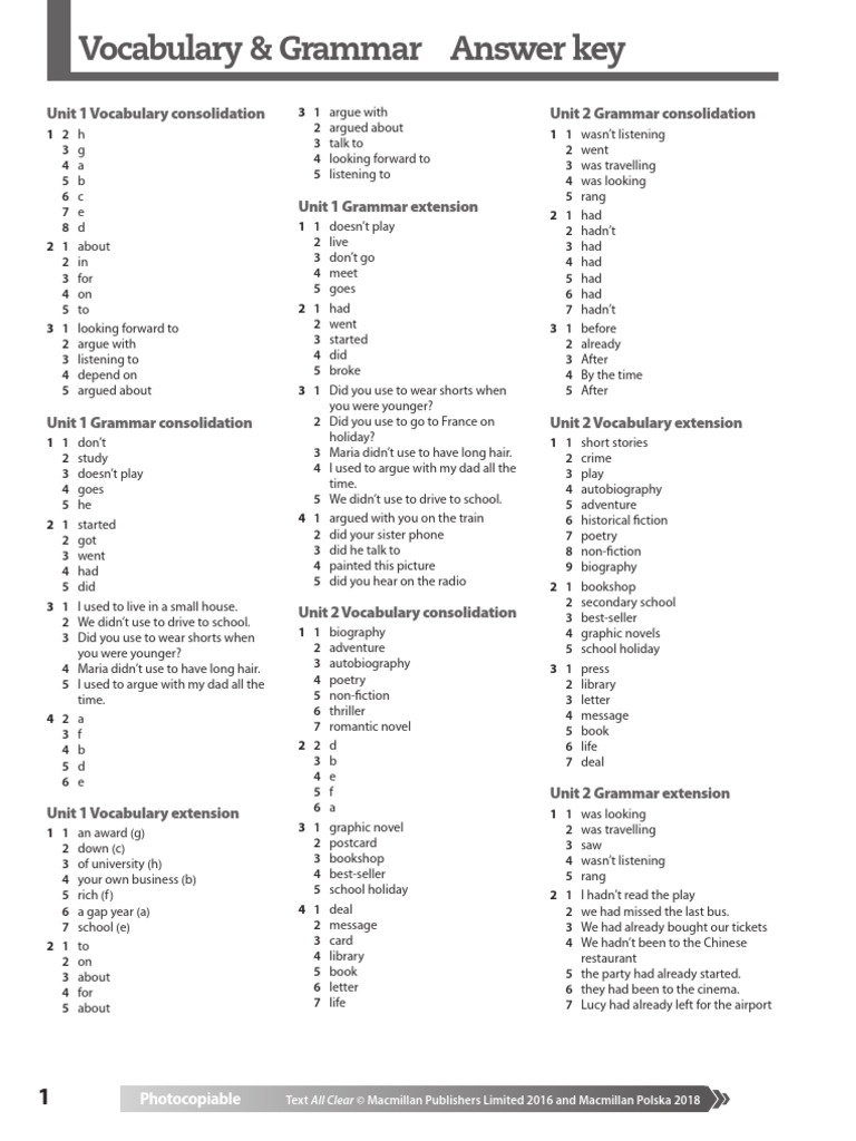 All Clear kl8 TRF Vocab&Gramm Answer Key | PDF