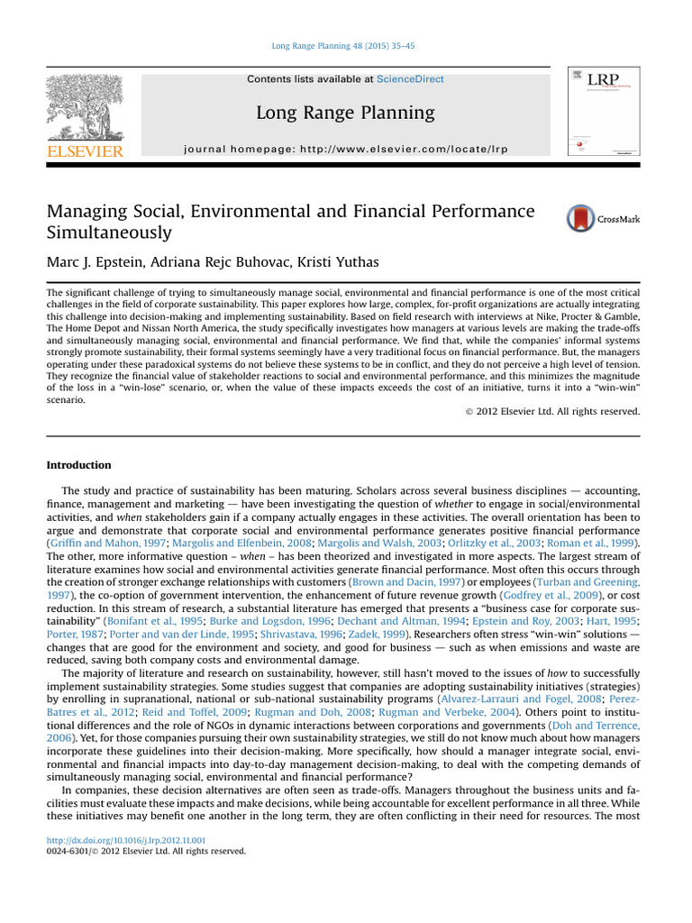 10 Managing Social, Environmental and Financial Performance Simultaneously (Epstein, Et Al ...