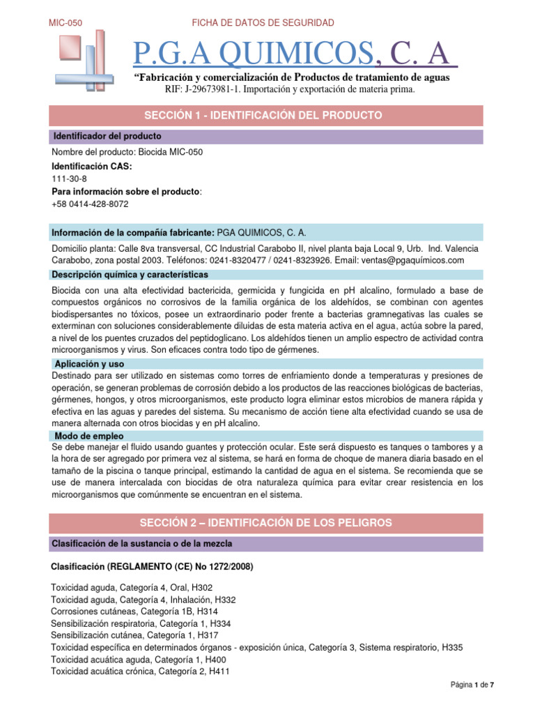 Hoja de Seguridad MIC-050 | PDF
