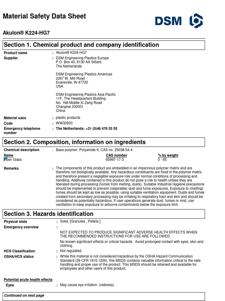 MSDS Akulon K224 HG7 | PDF | Dangerous Goods | Biodegradation