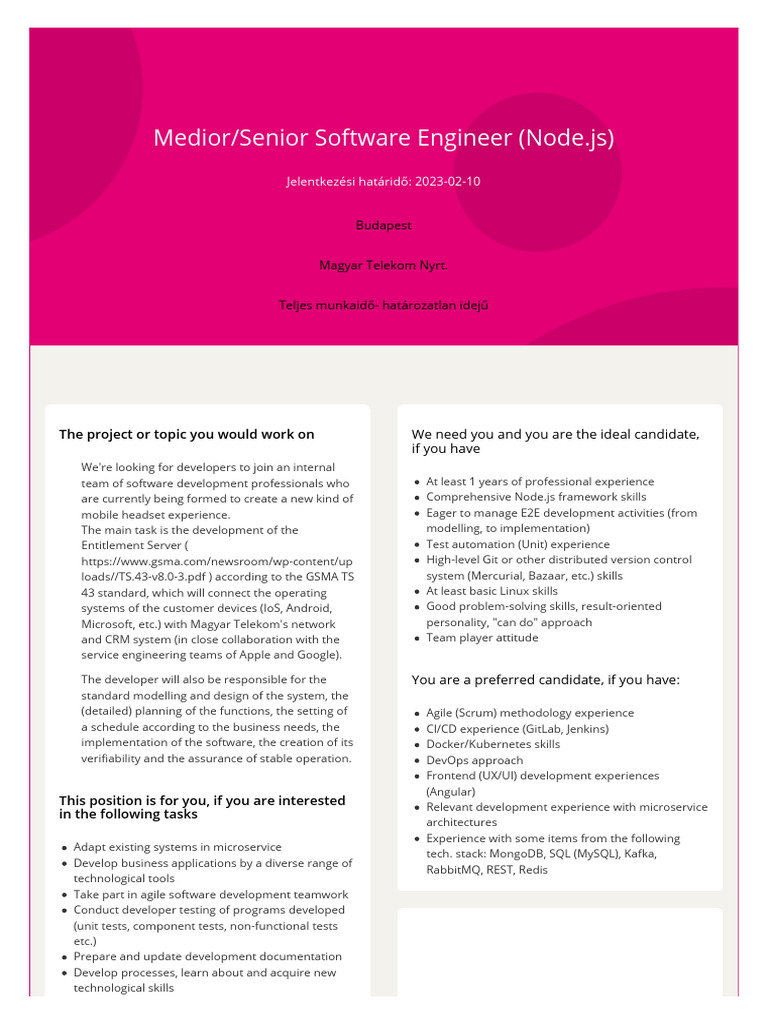 Medior - Senior Software Engineer (Node - JS) | PDF | Agile Software Development | Computer Science