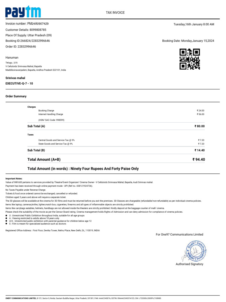 Charges Invoice - Order 22832996646 - Paytm | PDF | Movie Theater ...