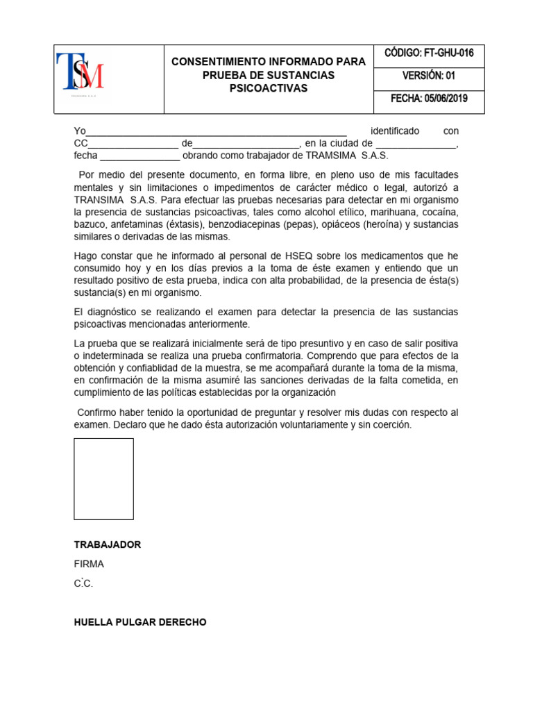 FT-GHU-SC-016 V°1 Consentimiento Informado Sobre Prueba Psicoactiva | PDF