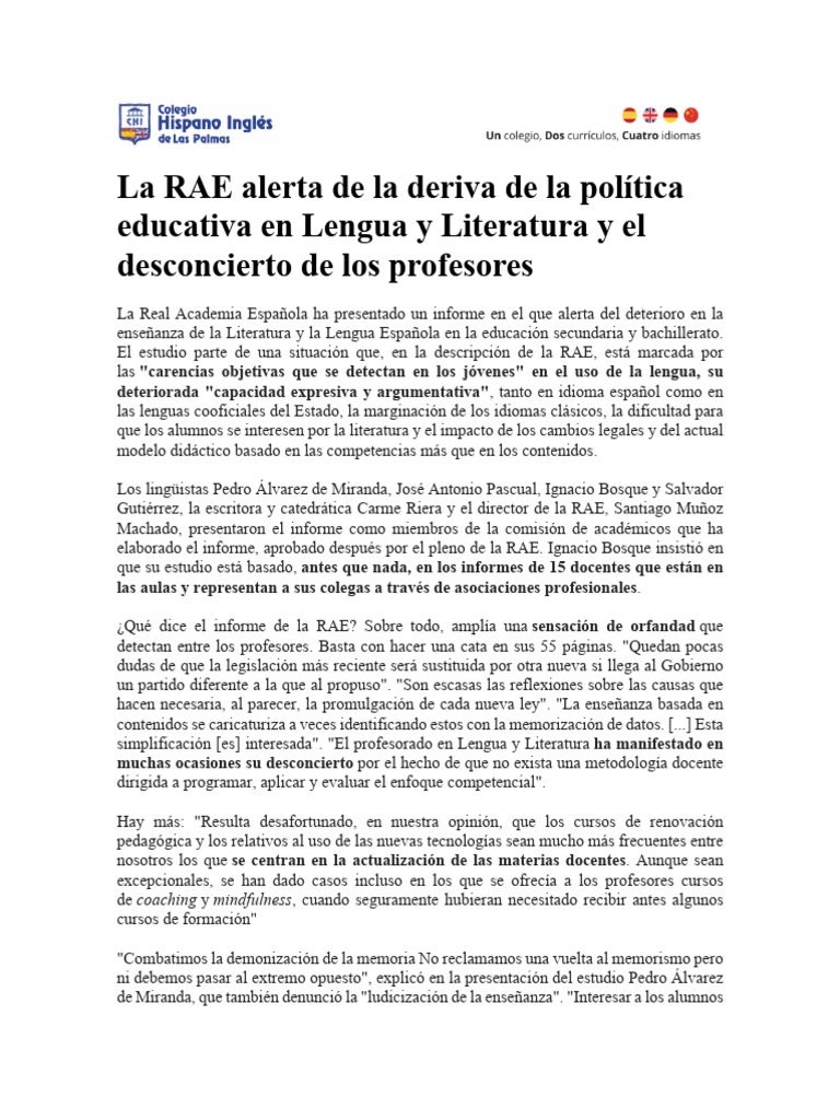La RAE Alerta de La Deriva de La Política Educativa en Lengua y Literatura y El Desconcierto de ...