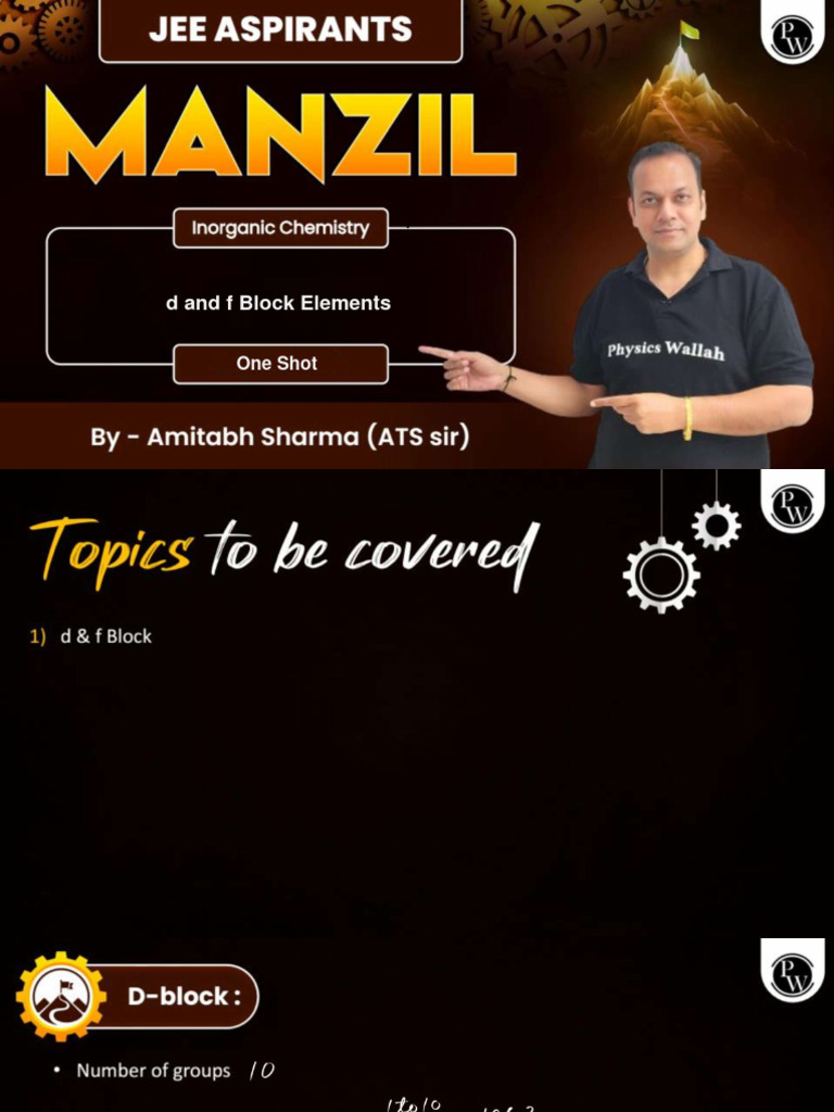D and F Block Elements - Class Notes (One Shot) - Manzil JEE 2024 | PDF