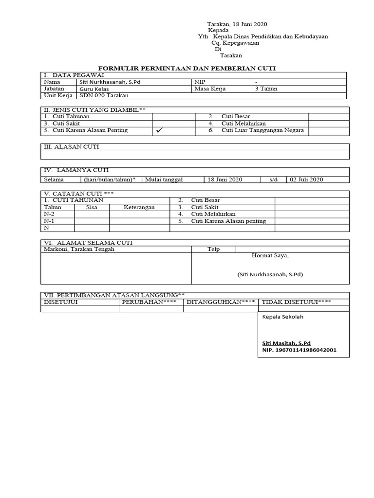 Contoh Format Cuti Pegawai Untuk Sekolah 1 | PDF