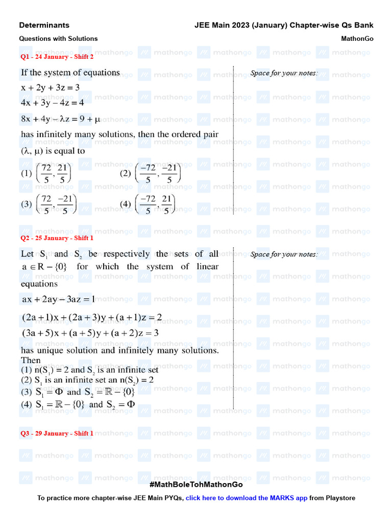 Determinants - JEE Main 2023 January Chapter wise Questions by MathonGo | PDF