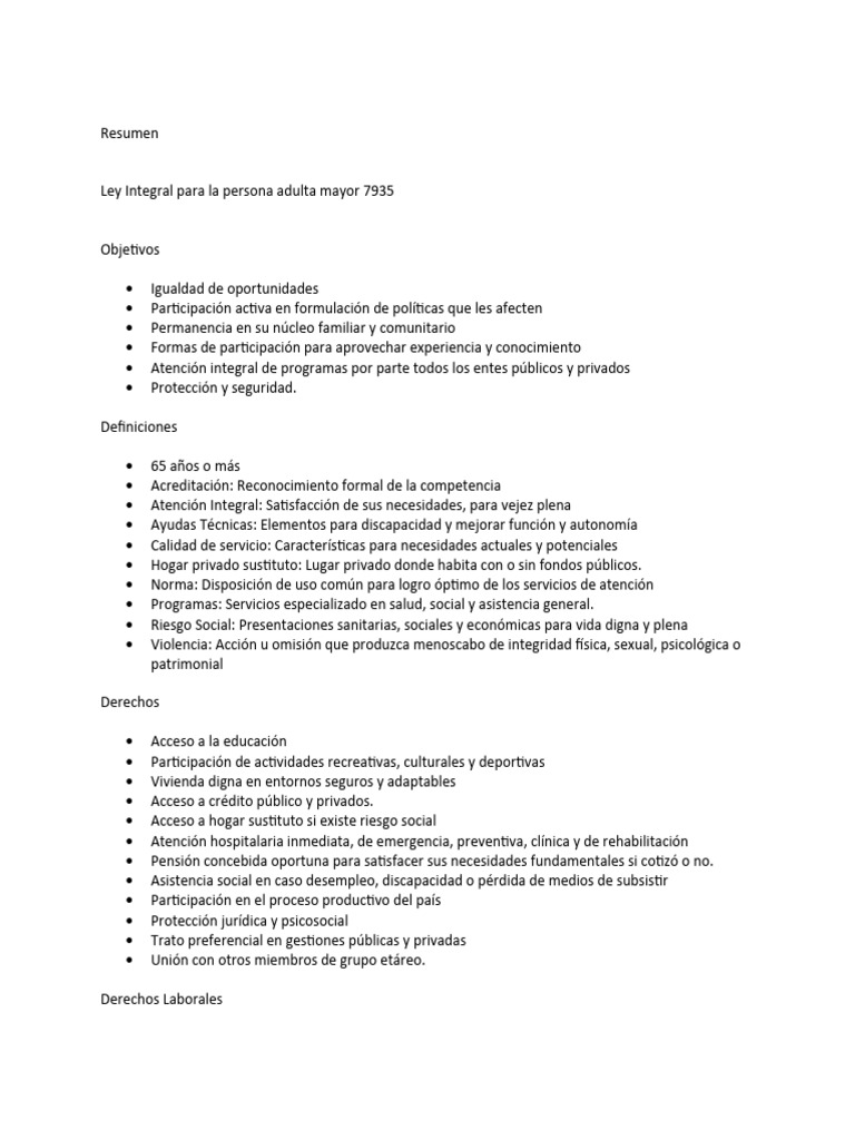 Resumen Ley 7935 Costa Rica | PDF | Trabajo Social | Vejez