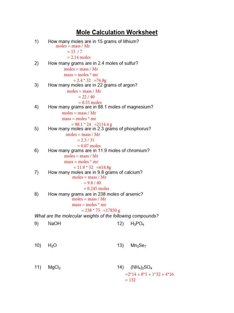 Mole - Calculation - Practice - WS Solved | PDF