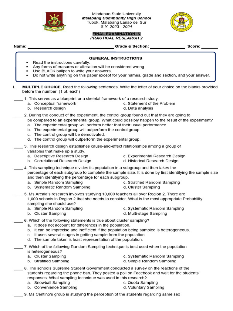 Research Final Exam | PDF | Sampling (Statistics) | Methodology