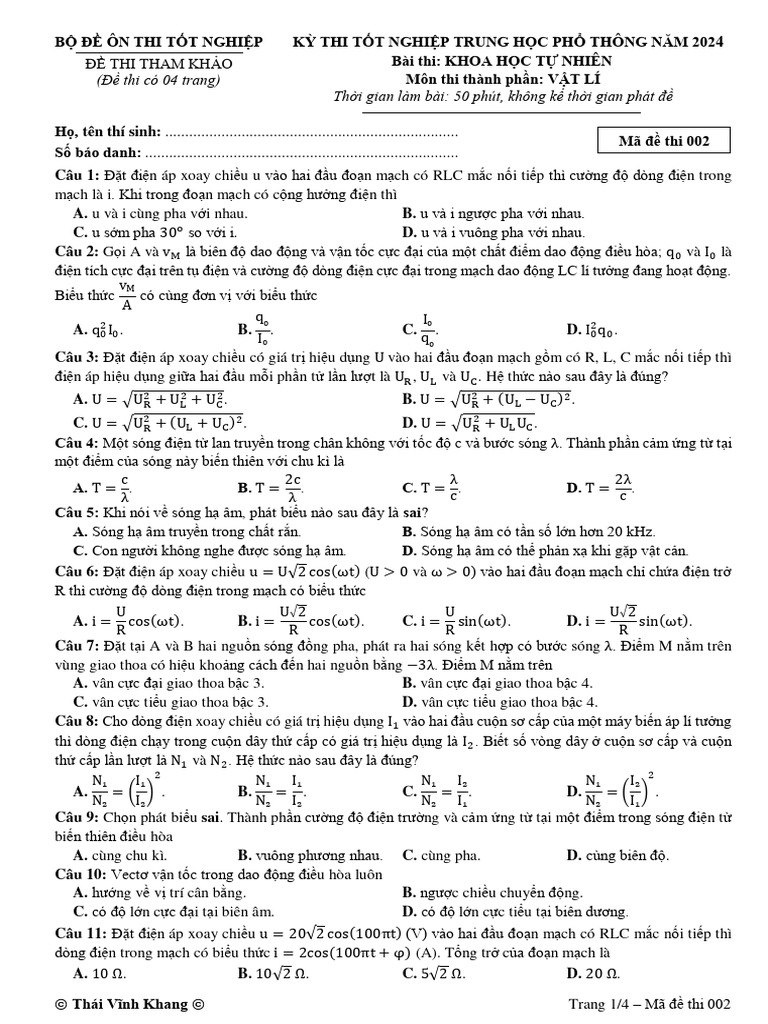 ĐỀ TK TỐT NGHIỆP THPT 2024 - MÃ 002 | PDF