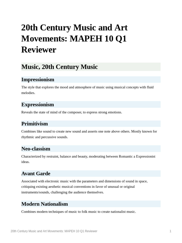 20th Century Music and Art Movements MAPEH 10 Q1 Reviewer | PDF ...