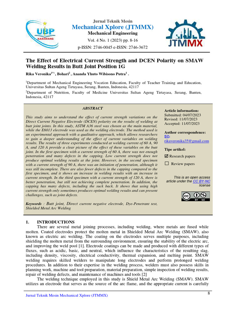 The Effect of Electrical Current Strength and DCEN Polarity On SMAW ...