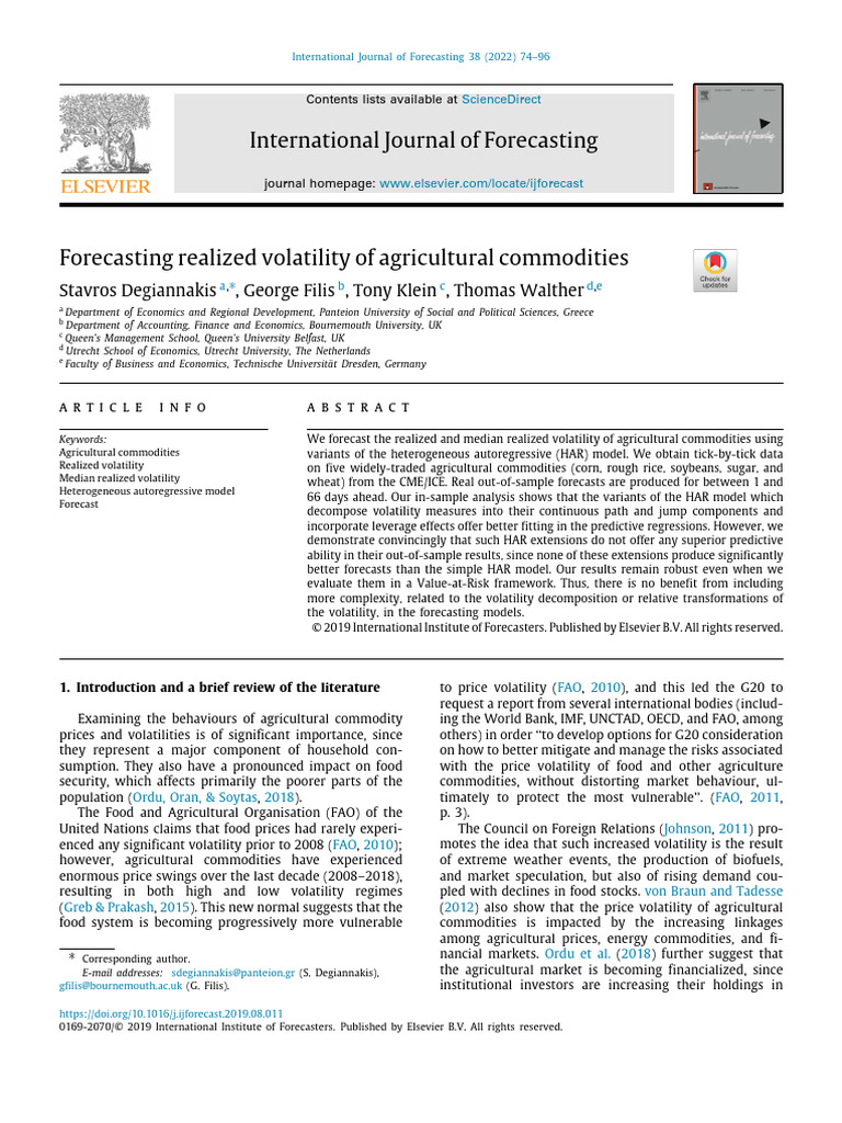 Forecasting Realized Volatility of Agricultural Commodities | PDF